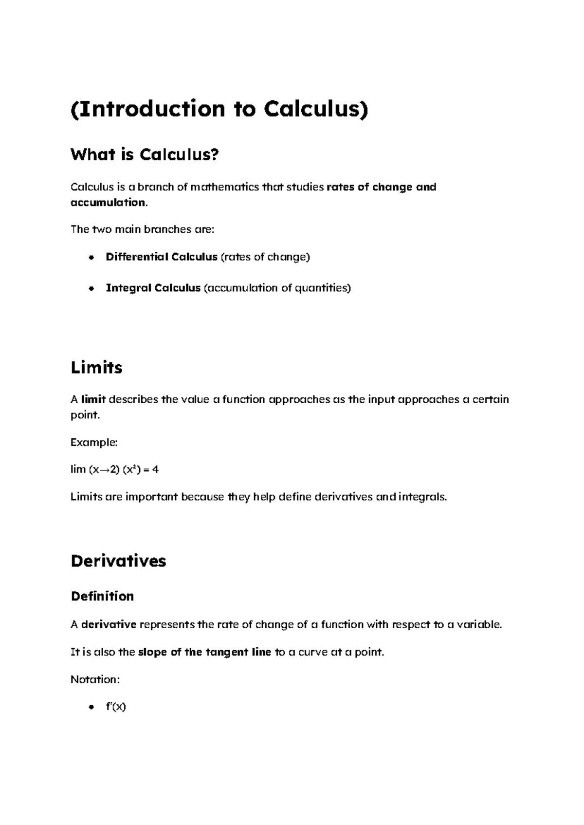 Introductory Notes on Calculus: Key Concepts and Derivatives - Studocu