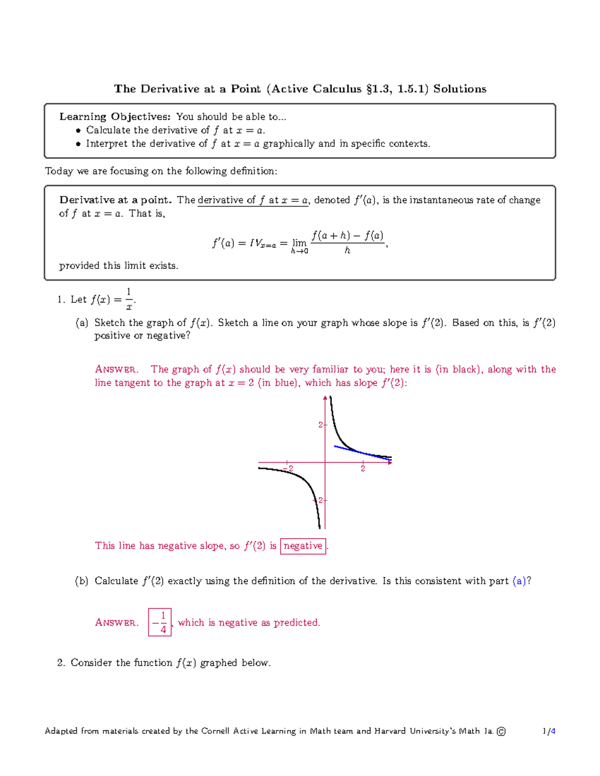 Worksheet 6: The Derivative at a Point Solutions (MATH 1110) - The ...