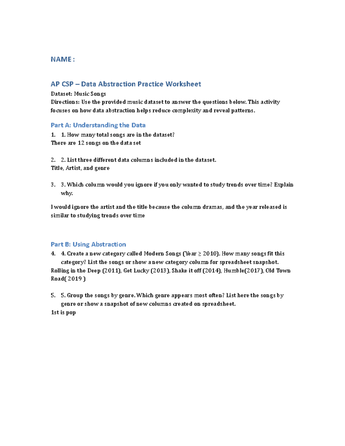 AP CSP Data Abstraction Practice Worksheet: Music Dataset Analysis ...