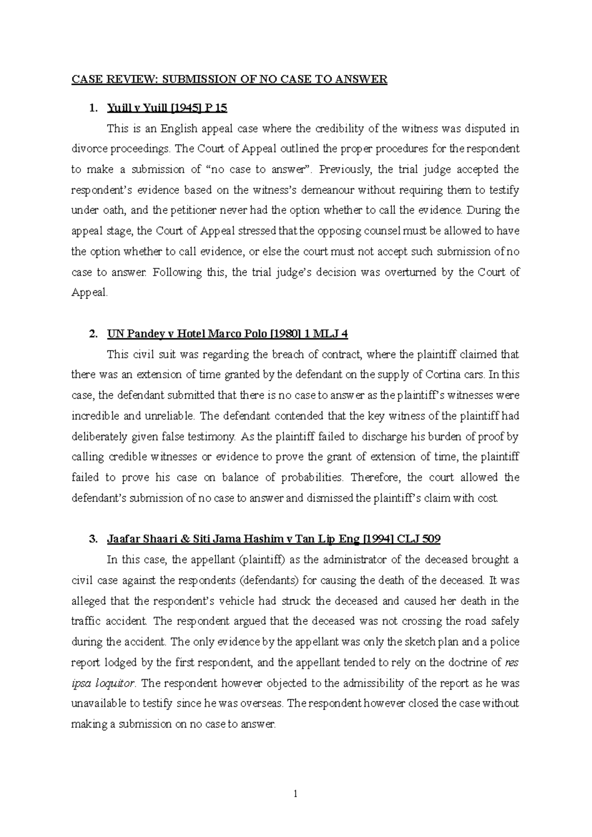 Sem 8 Tuto Civil - Tutorial on Submission of No Case to Answer - CASE ...