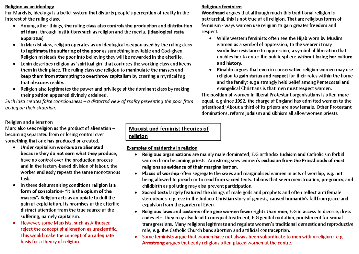 Marxist & Feminist Theories on Religion: Mind Maps Overview - Studocu