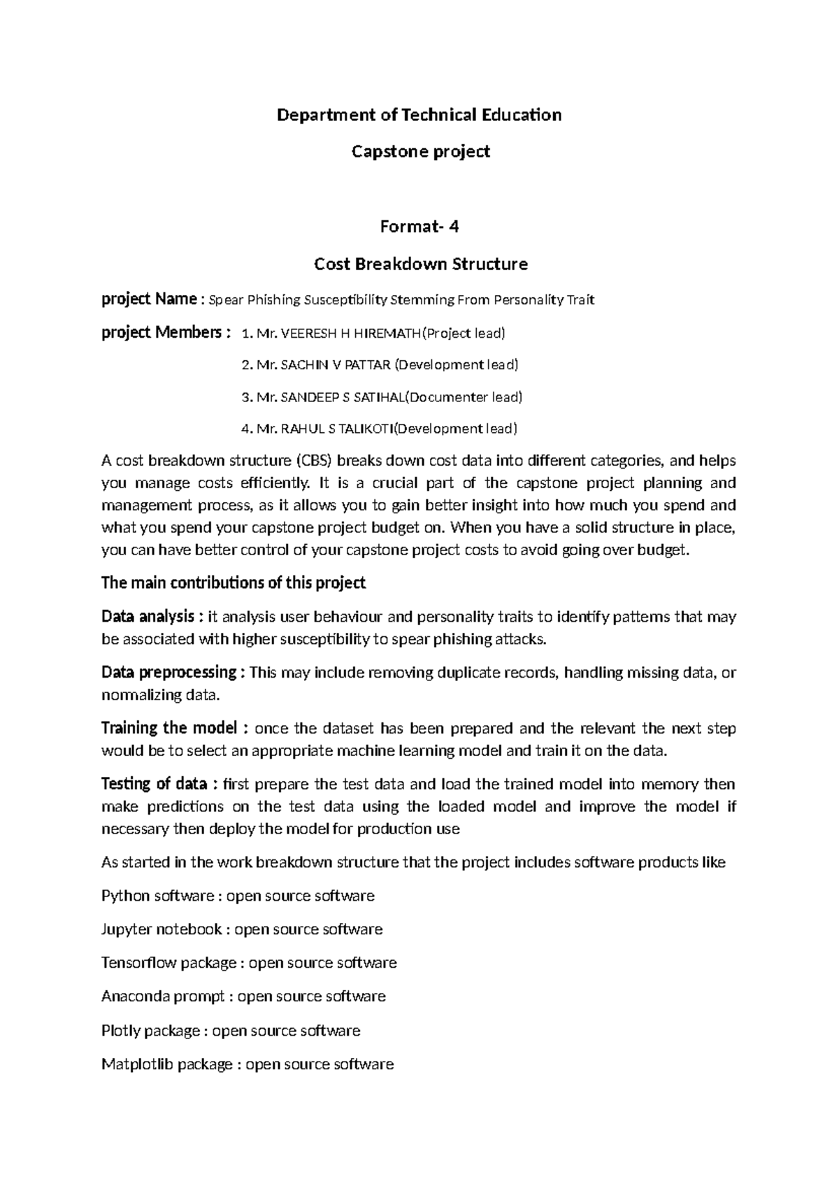 Cost break down structure - Department of Technical Education Capstone ...