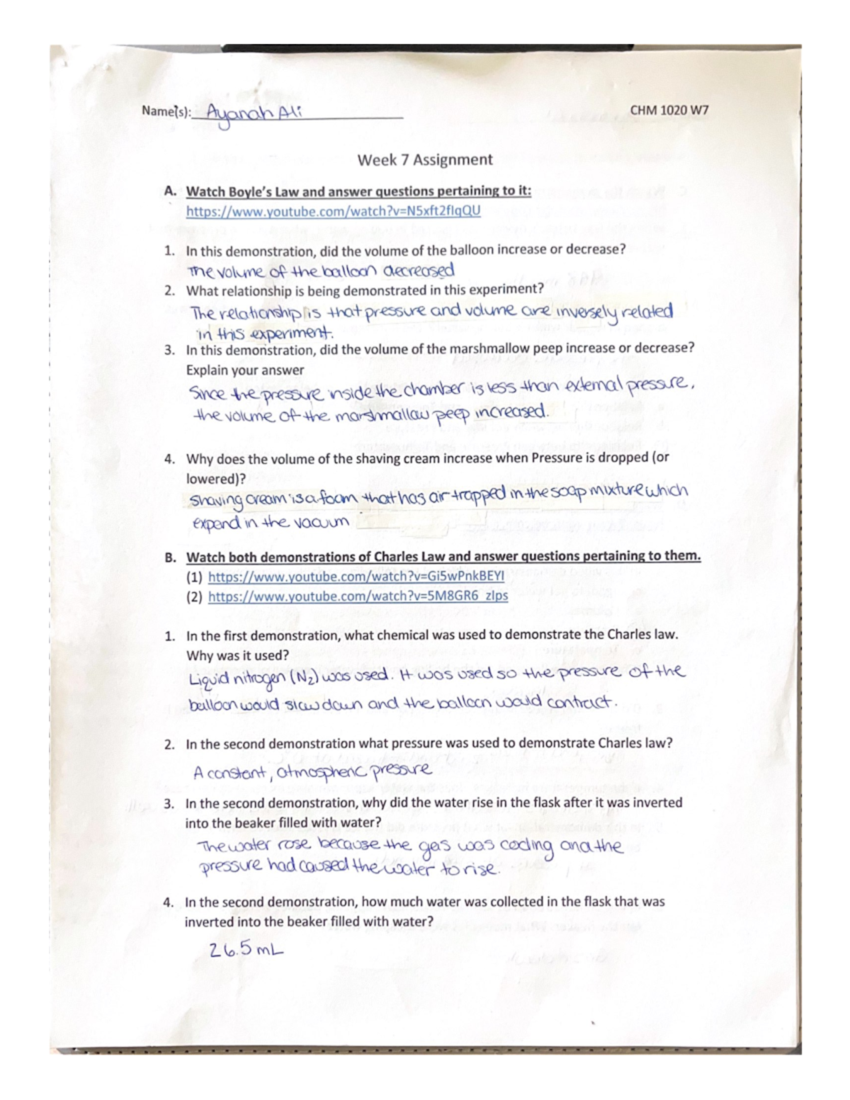 CHM 1020 W7 - lab - Namets): Pucca DXi CHM 1020 W7 Week 7 Assignment A. Watch Law and answer ...