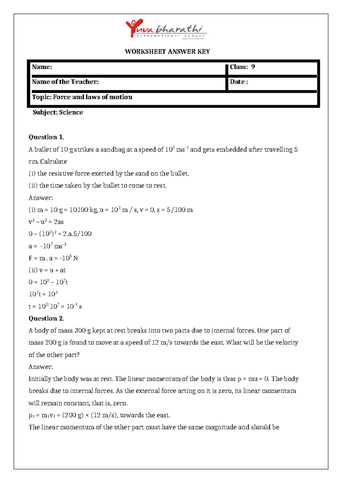 GIDB8350309 - Force and Laws of Motion Worksheet Answer Key - Studocu