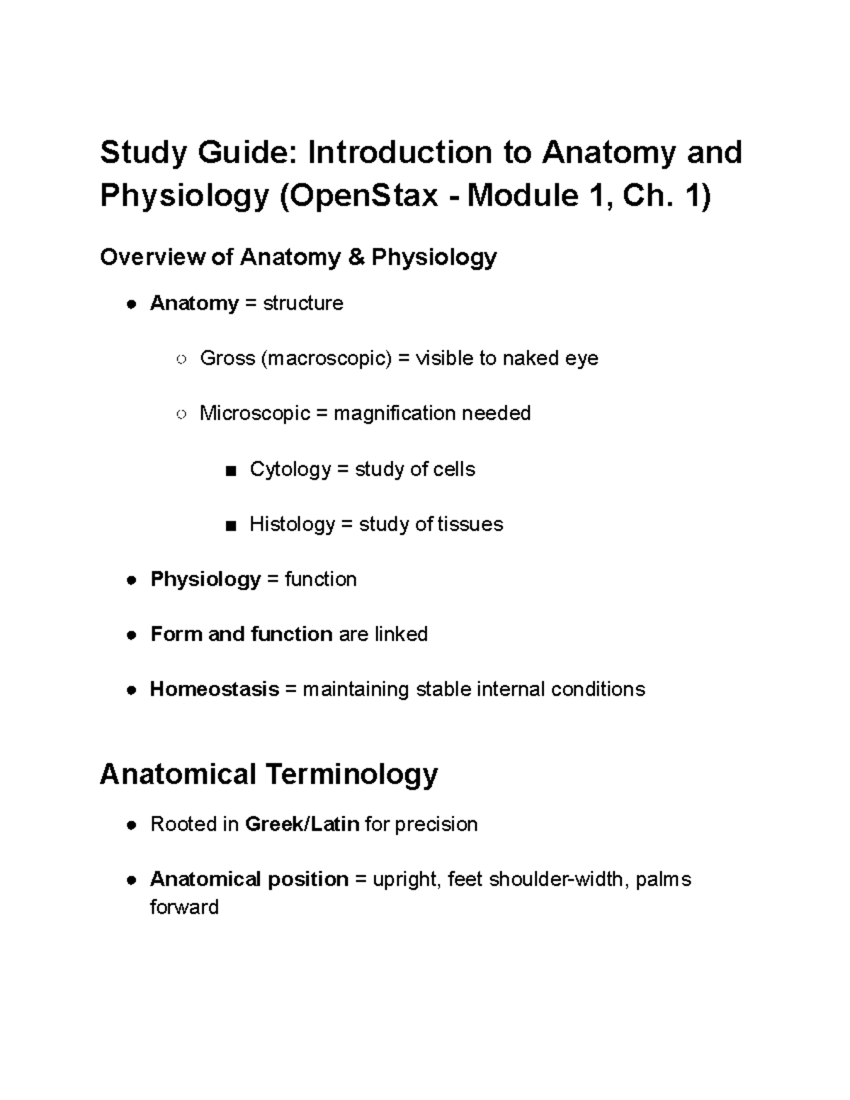 Study Guide: Intro to Anatomy & Physiology (Module 1, Ch. 1) - Studocu