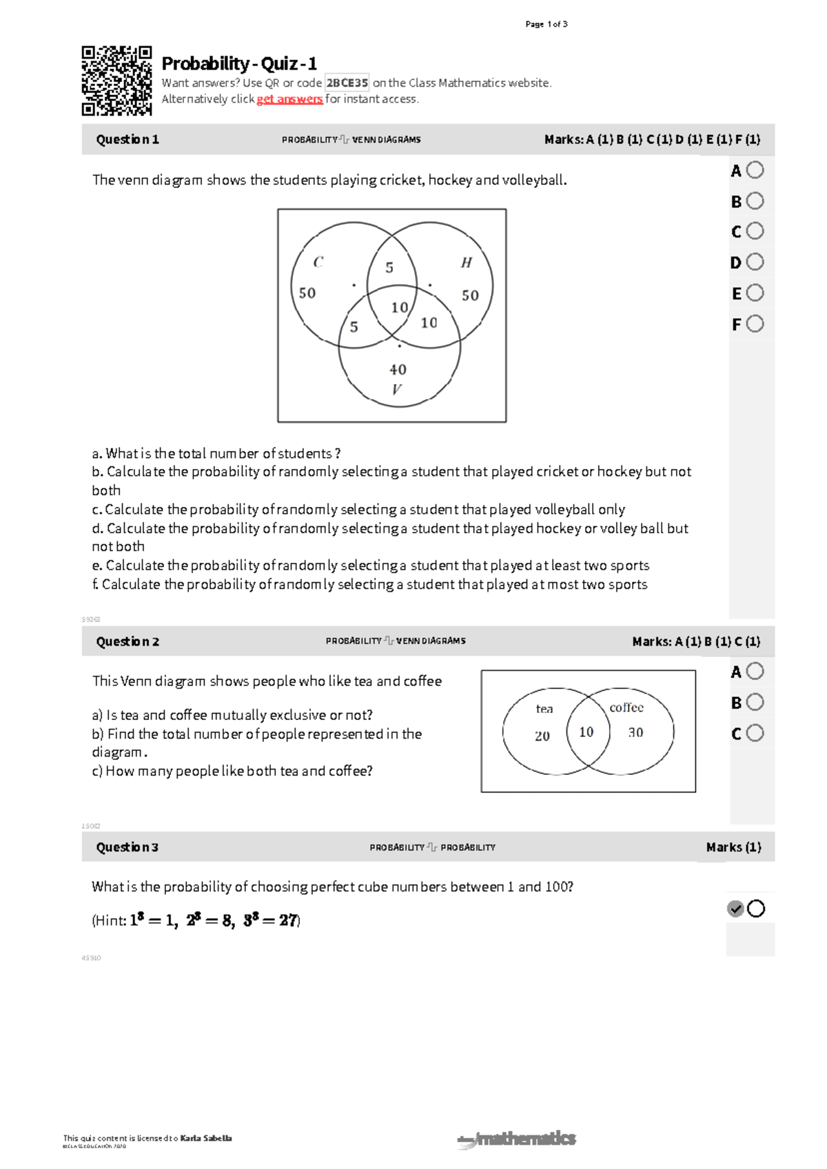 Probability Quiz 1 - Venn Diagrams & Experiments (Class 59263) - Studocu