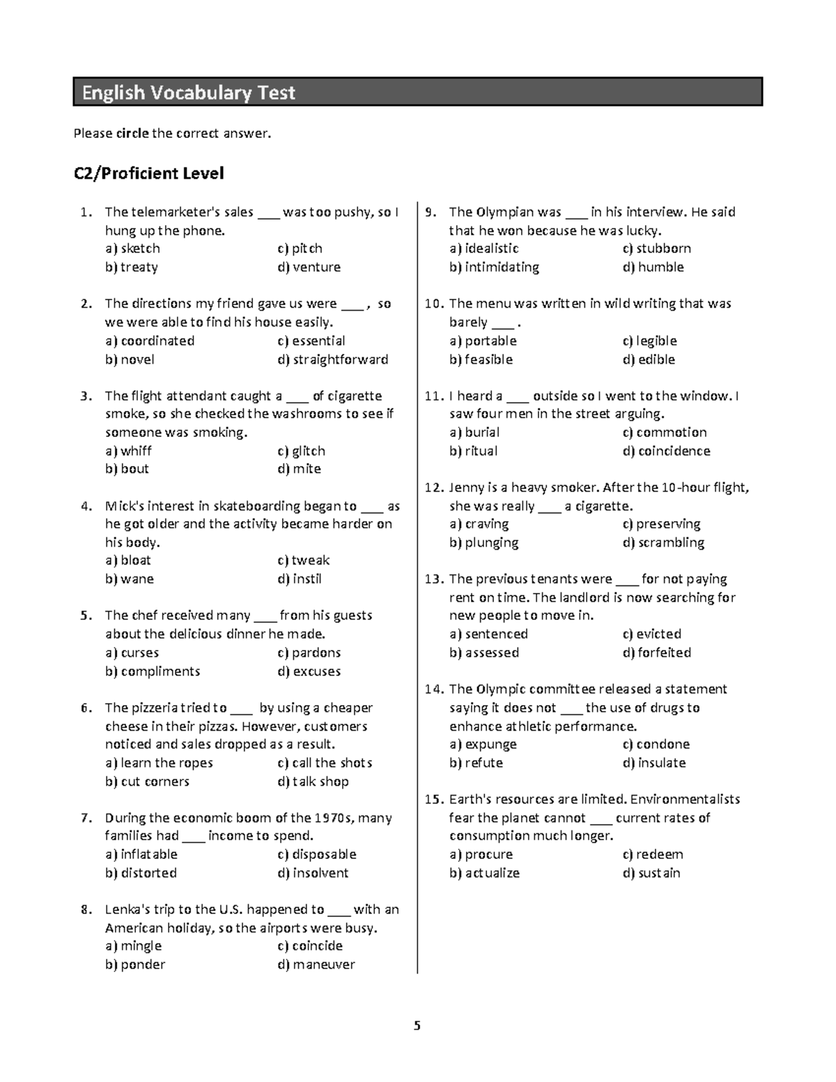 C2 English Vocabulary Test PDF with Answers and Explanations - Studocu