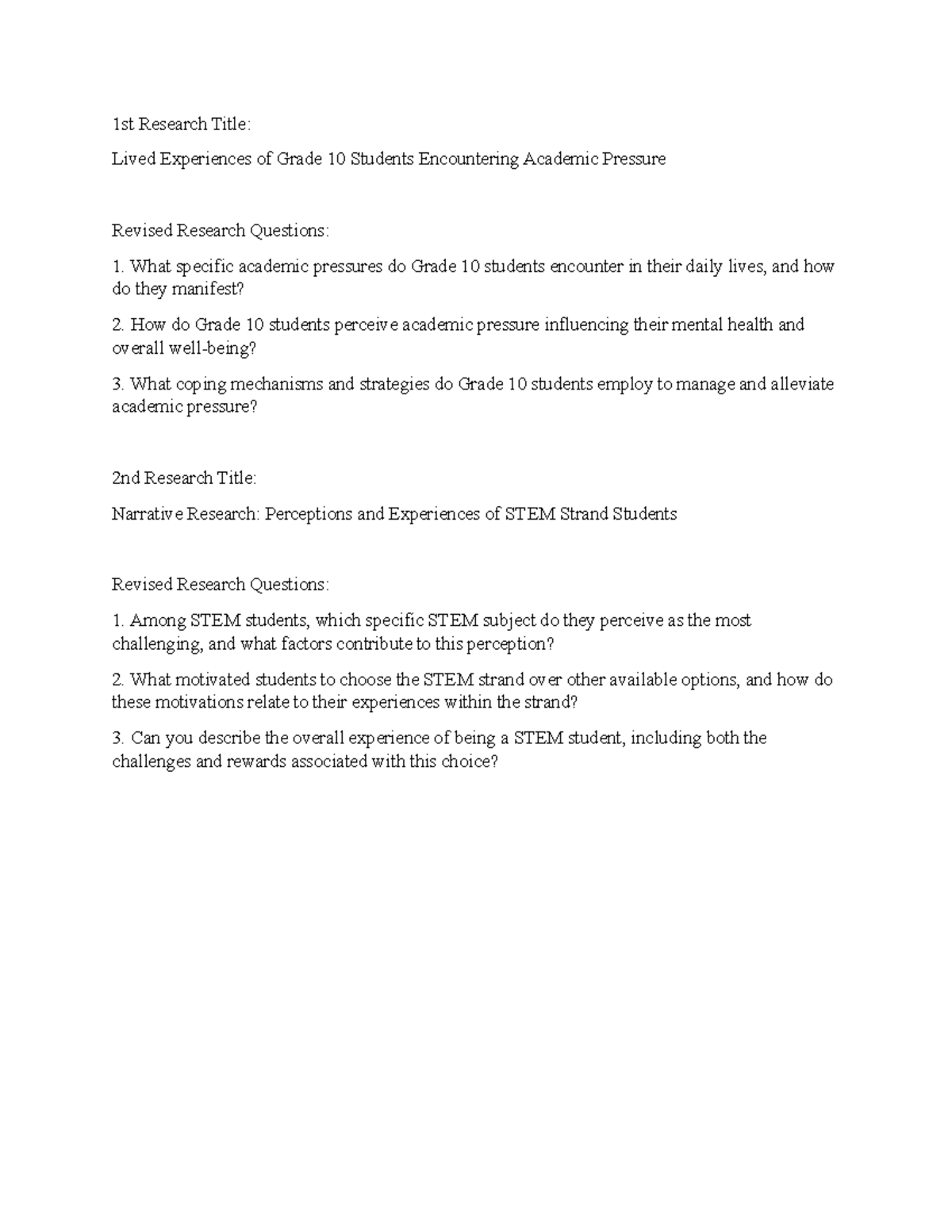 Research Titles & Questions on Academic Pressures in STEM Students ...