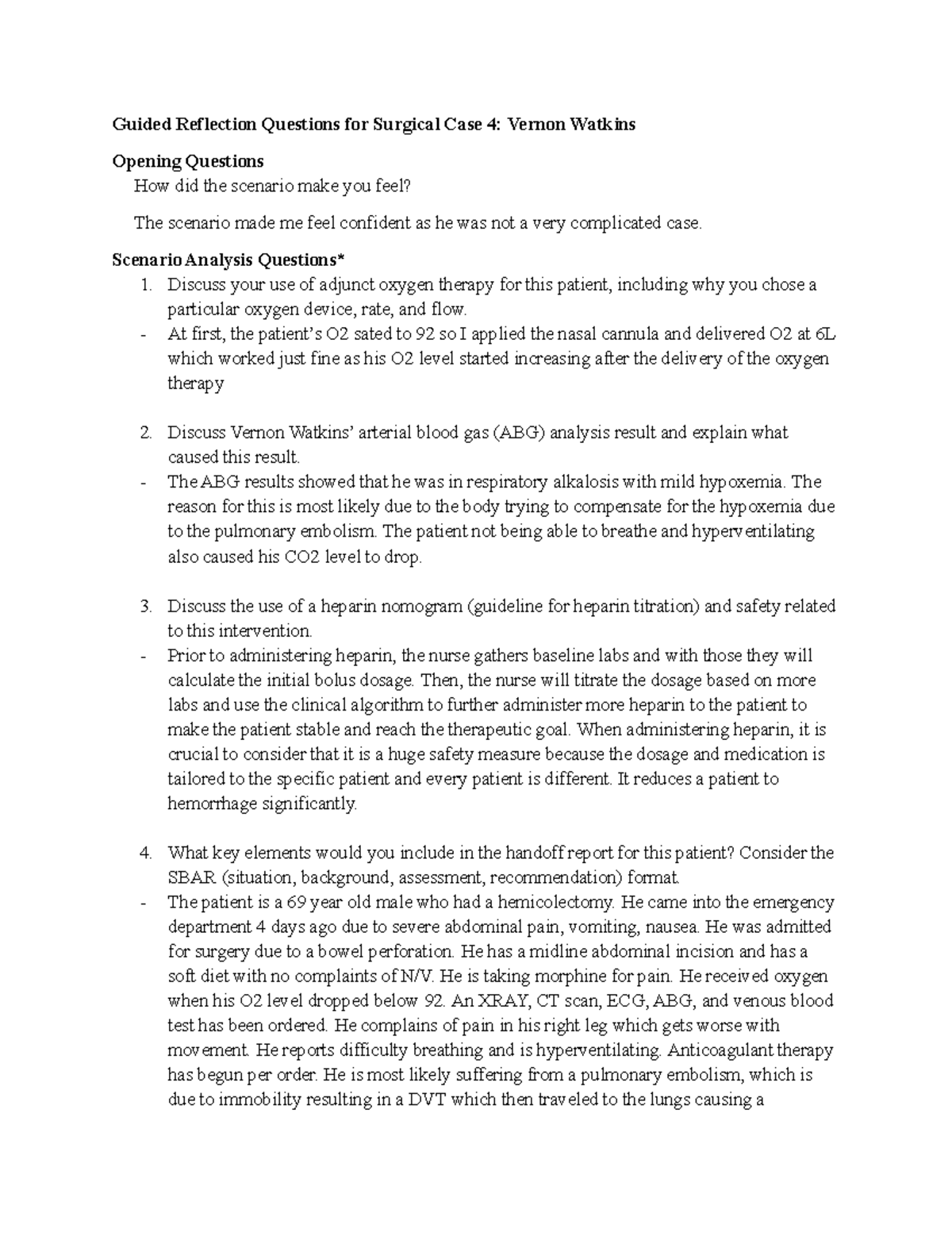 Surgical Case Study Reflection: Vernon Watkins (Guided Questions) - Studocu