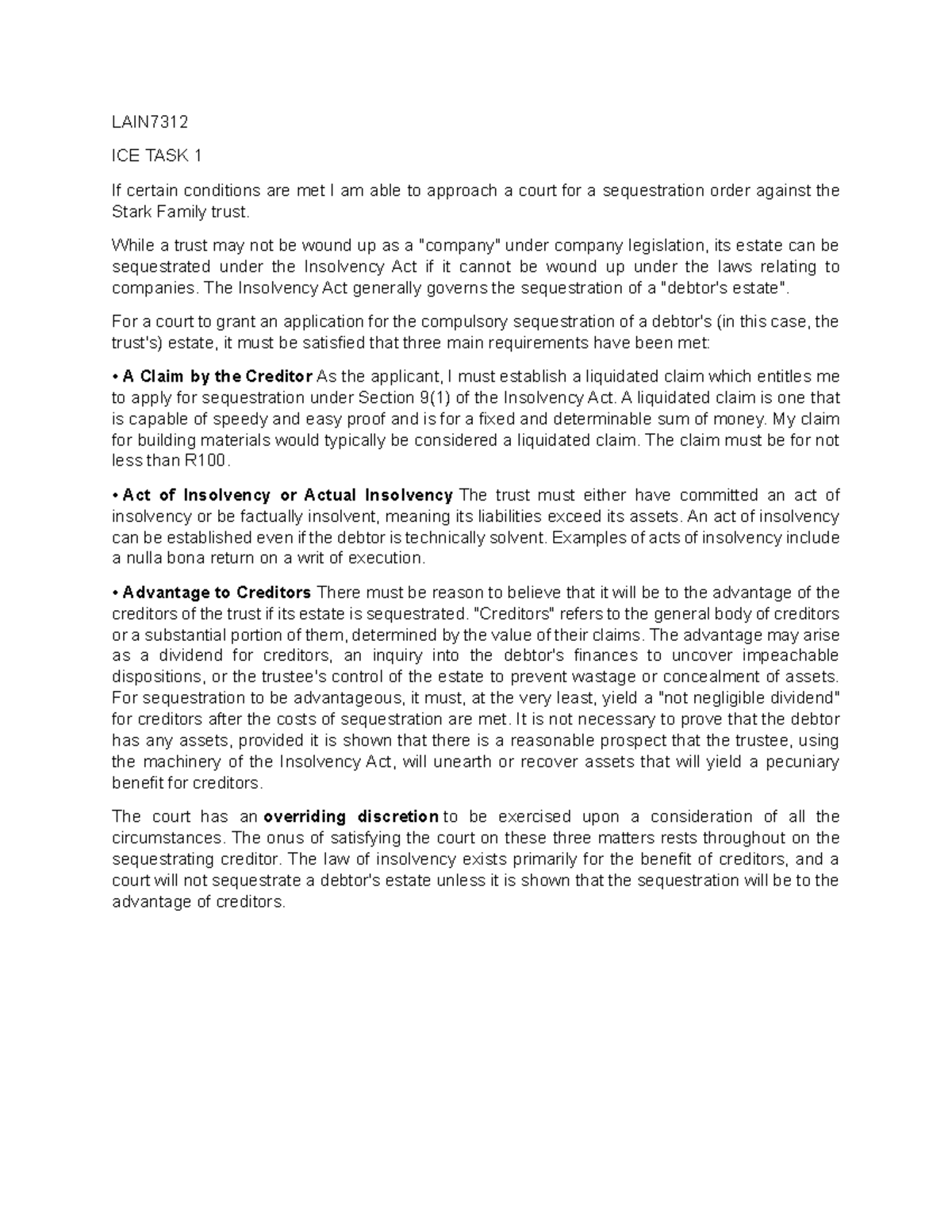 LAIN7312 ICE TASK 1 - Sequestration Orders and Creditor Advantages - Studocu