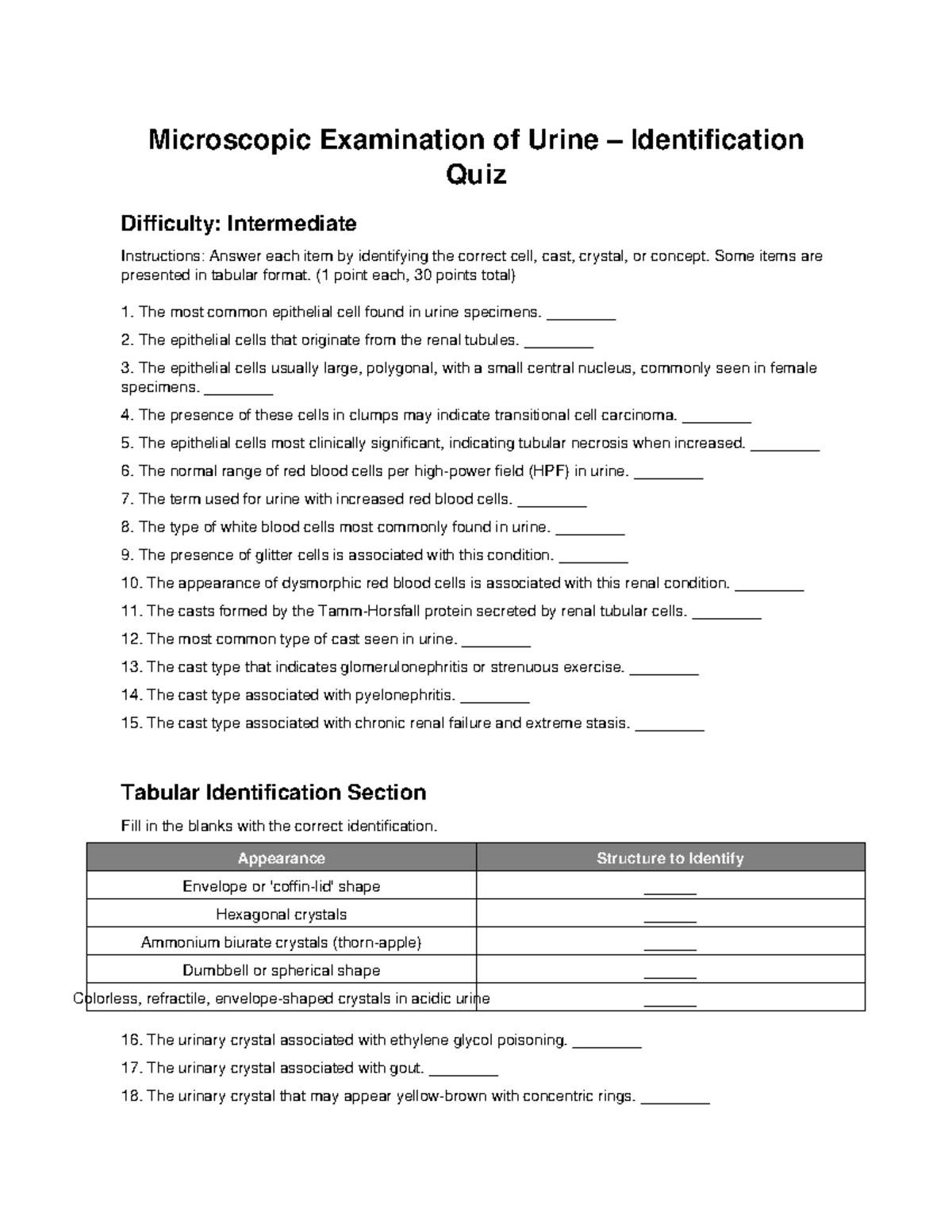 Microscopic Examination of Urine Identification Quiz (Intermediate ...