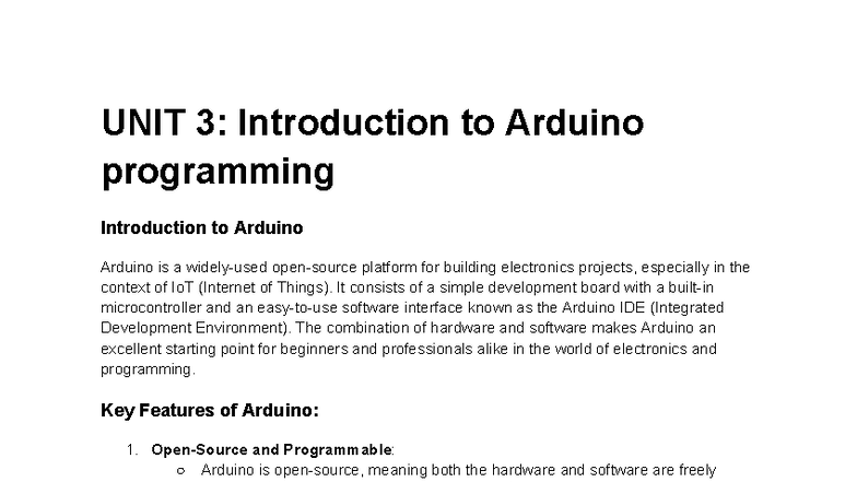 UNIT 3: Intro to Arduino Programming & IoT Applications - Studocu