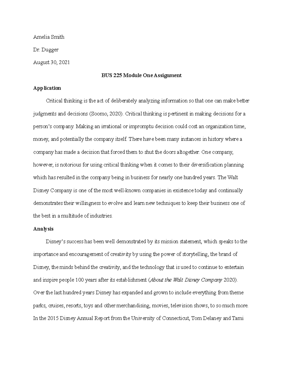 BUS 225 Module 1 Assignment: Analyzing Disney's Diversification ...