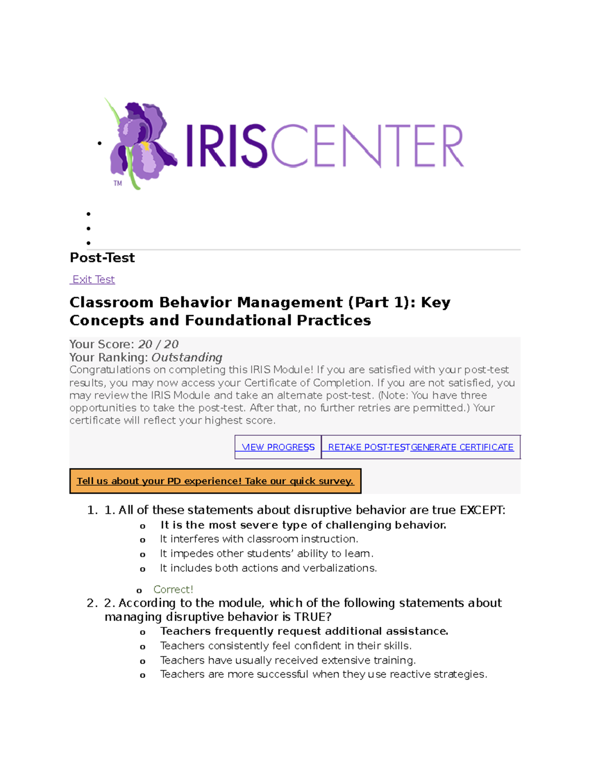 Classroom Behavior Management Post-Test - IRIS Module Completion - Studocu