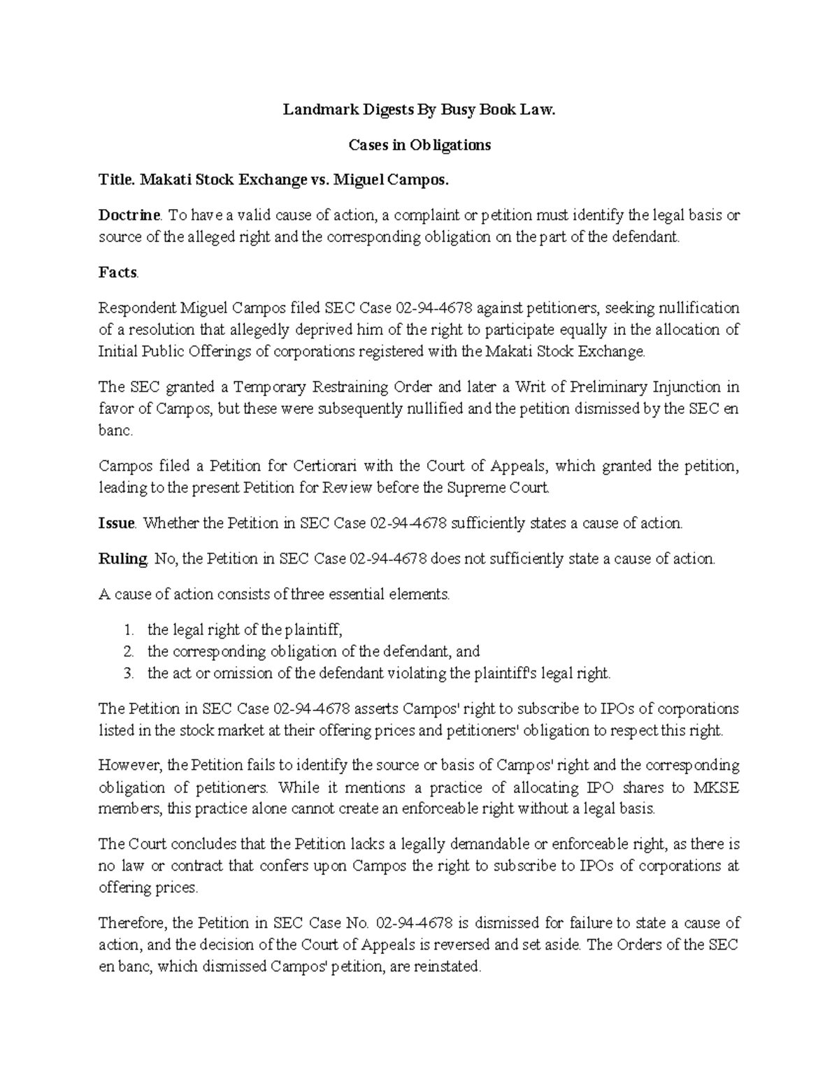 Cases in Obligations: Landmark Digest on Legal Doctrines and Rulings ...