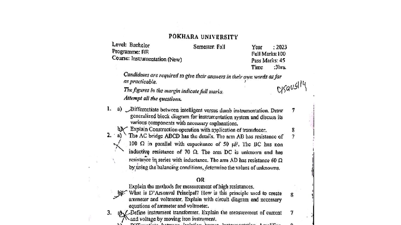 Instrumentation (New) - BE Bachelor Final Exam Notes Fall 2023 - Studocu