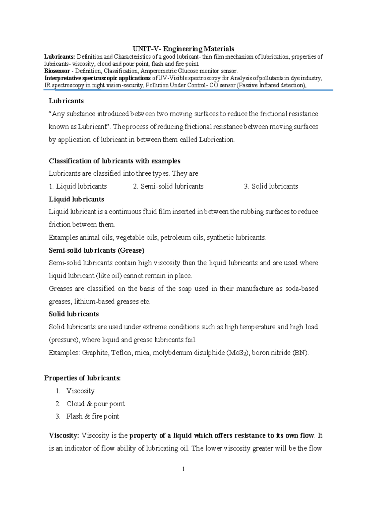Engineering Materials (UNIT-V): Lubricants, Biosensors & Spectroscopy ...
