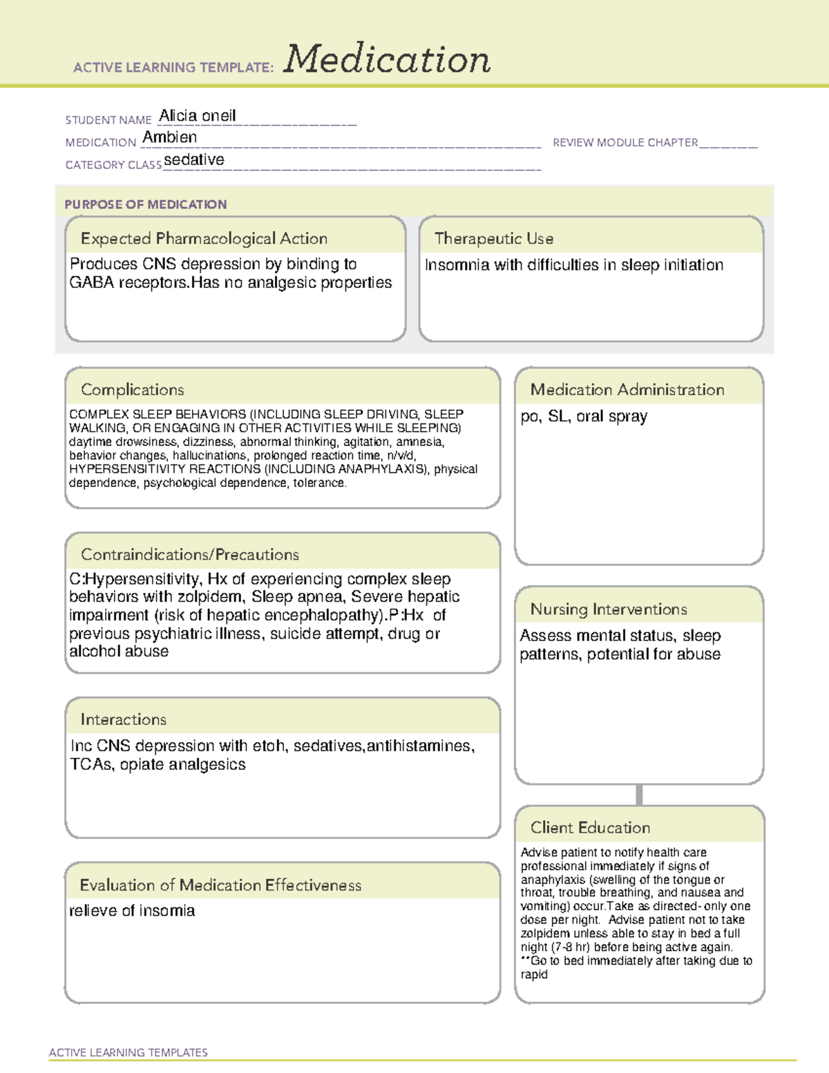 ACTIVE LEARNING TEMPLATE: Ambien (Zolpidem) Review for Class Sedative ...