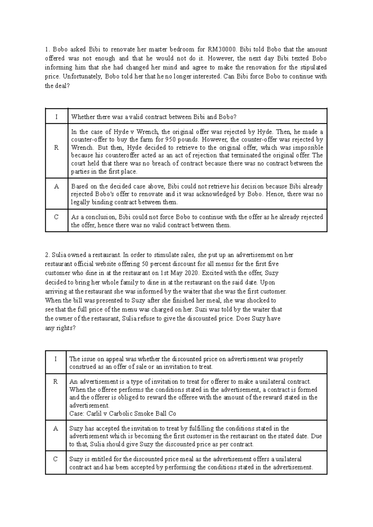 IRAC answer example - Bobo asked Bibi to renovate her master bedroom ...