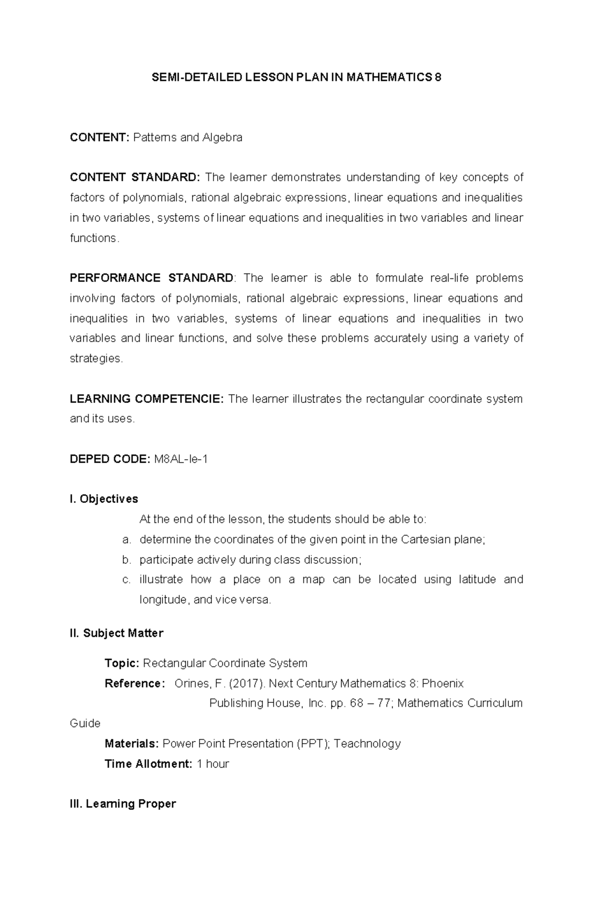 Mathematics 8 LP - Semi-Detailed Lesson Plan on Patterns & Algebra ...