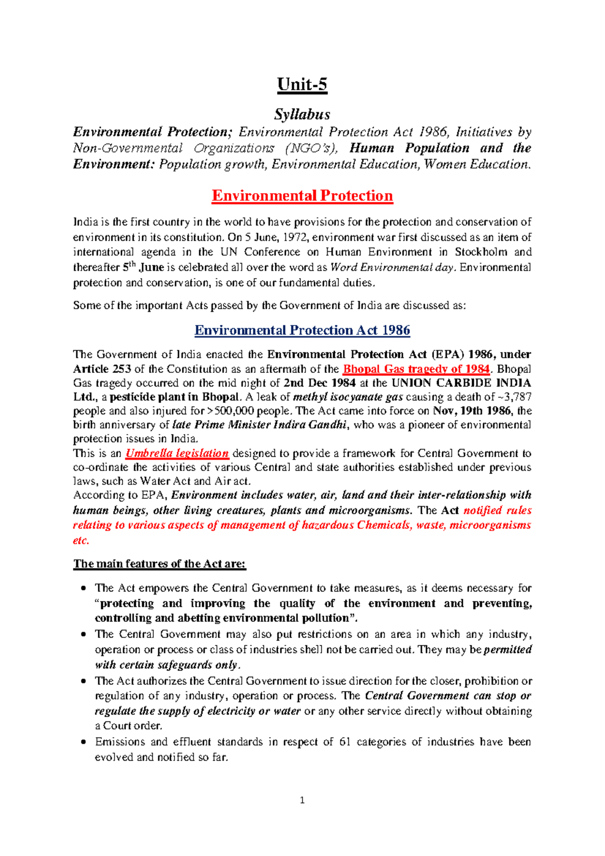 EVS Unit-5: Environmental Protection and Population Insights - Studocu