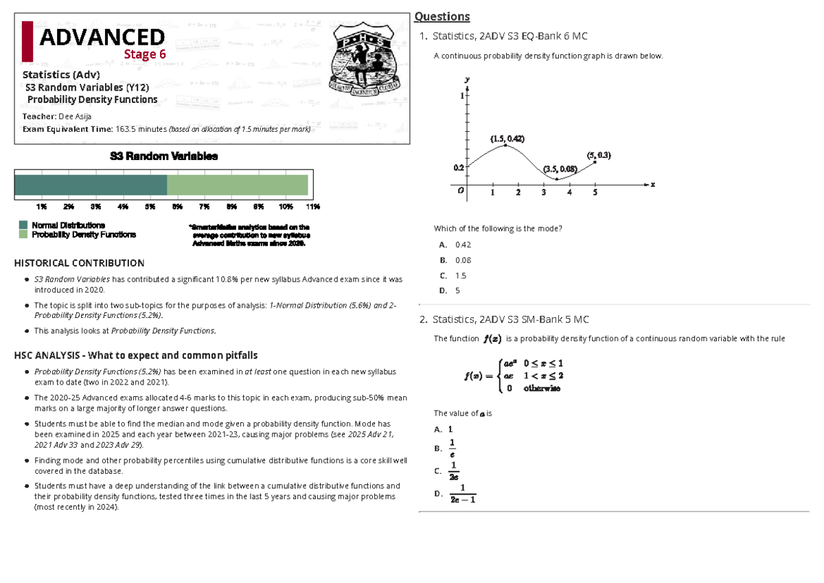 Statistics 2ADV S3: Probability Density Functions Study Guide - Studocu