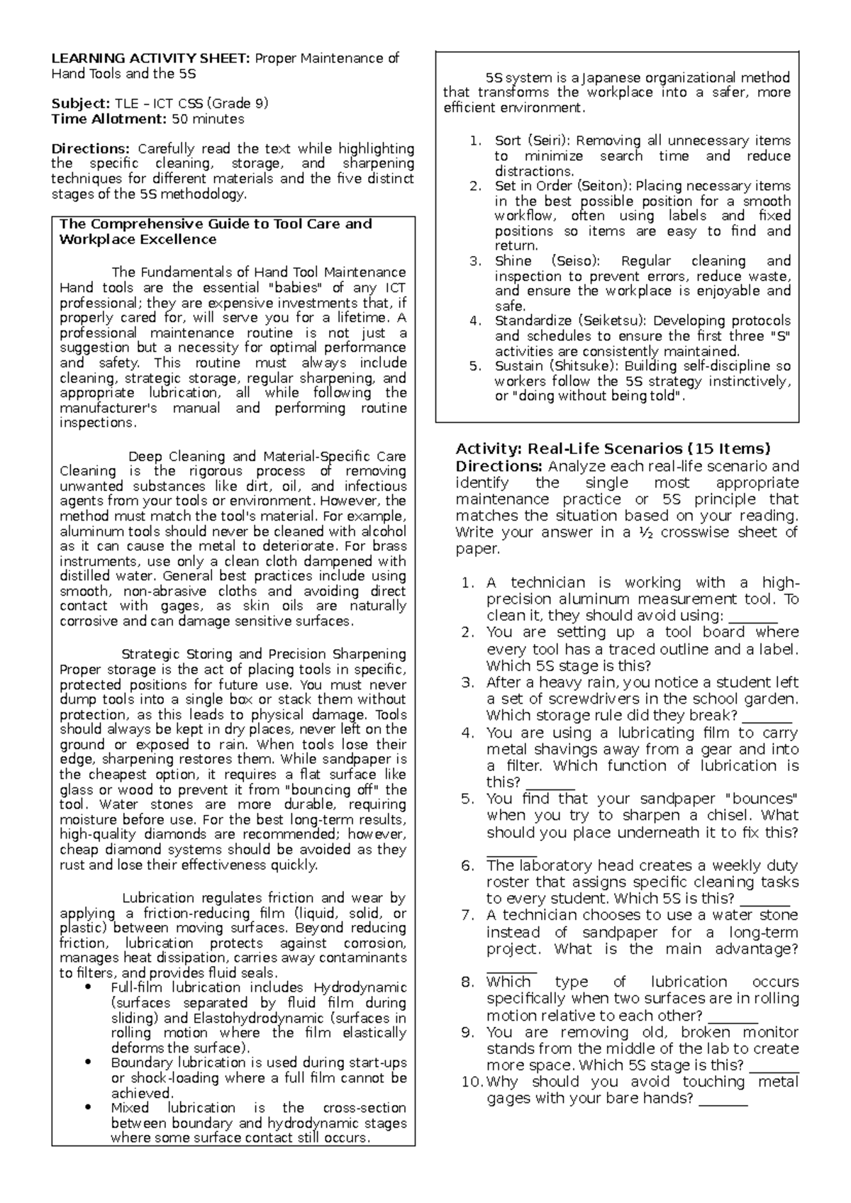 G9 ICT CSS Q3 LAS: Proper Maintenance of Hand Tools & 5S Methodology ...