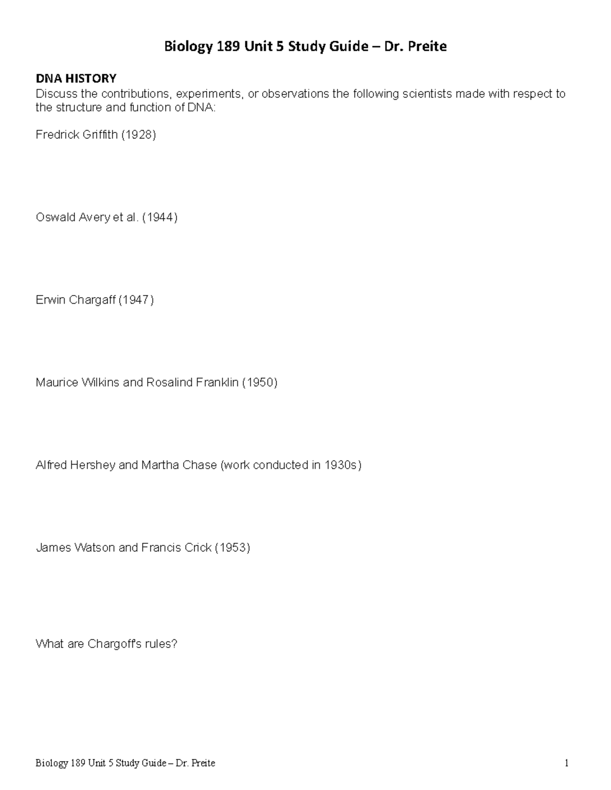 Unit 5 Study Guide - Preite - DNA HISTORY Biology 189 Unit 5 Study ...