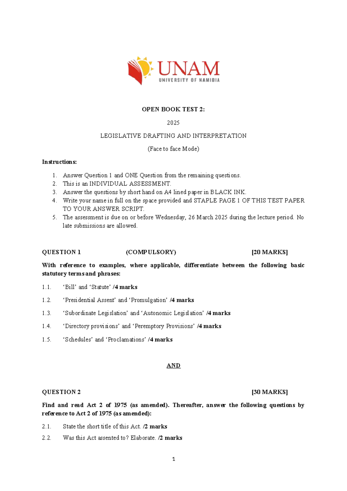 Open book Test 2 Legislative Drafting and Interpretation - OPEN BOOK ...