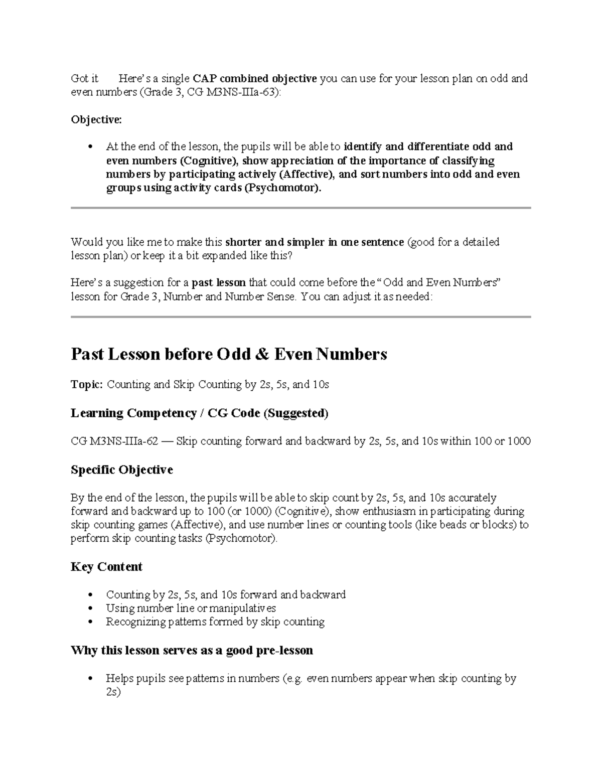 Grade 3 Lesson Plan: Odd & Even Numbers (CG Objective) - Studocu