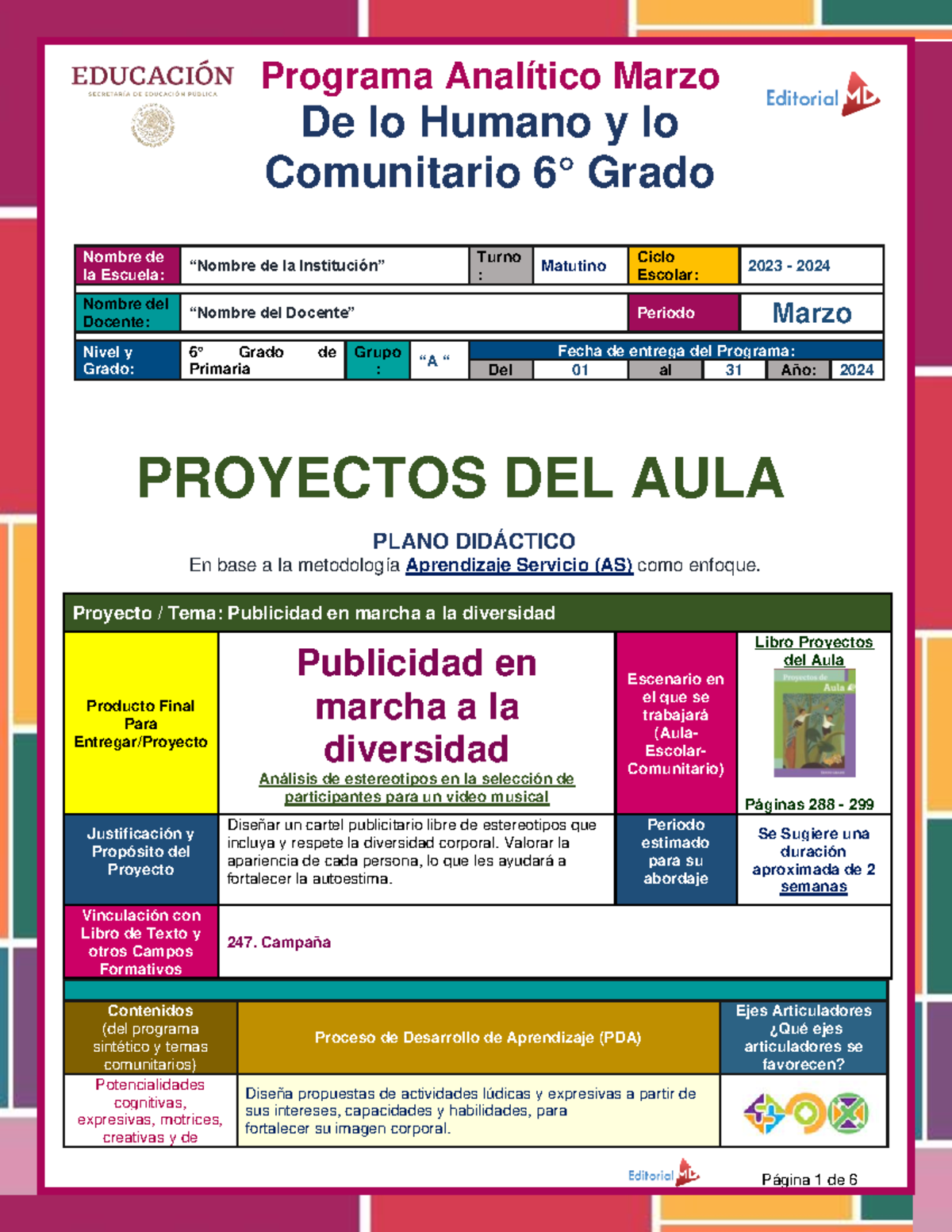 6° Primaria - Proyectos de Aula y Comunidad - Marzo 2024 - Studocu