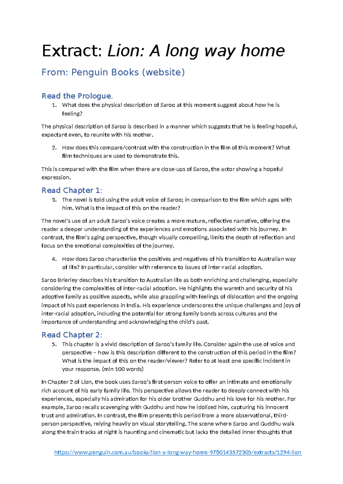 Completed Novel Extract Worksheet: Lion Analysis and Comparisons - Studocu