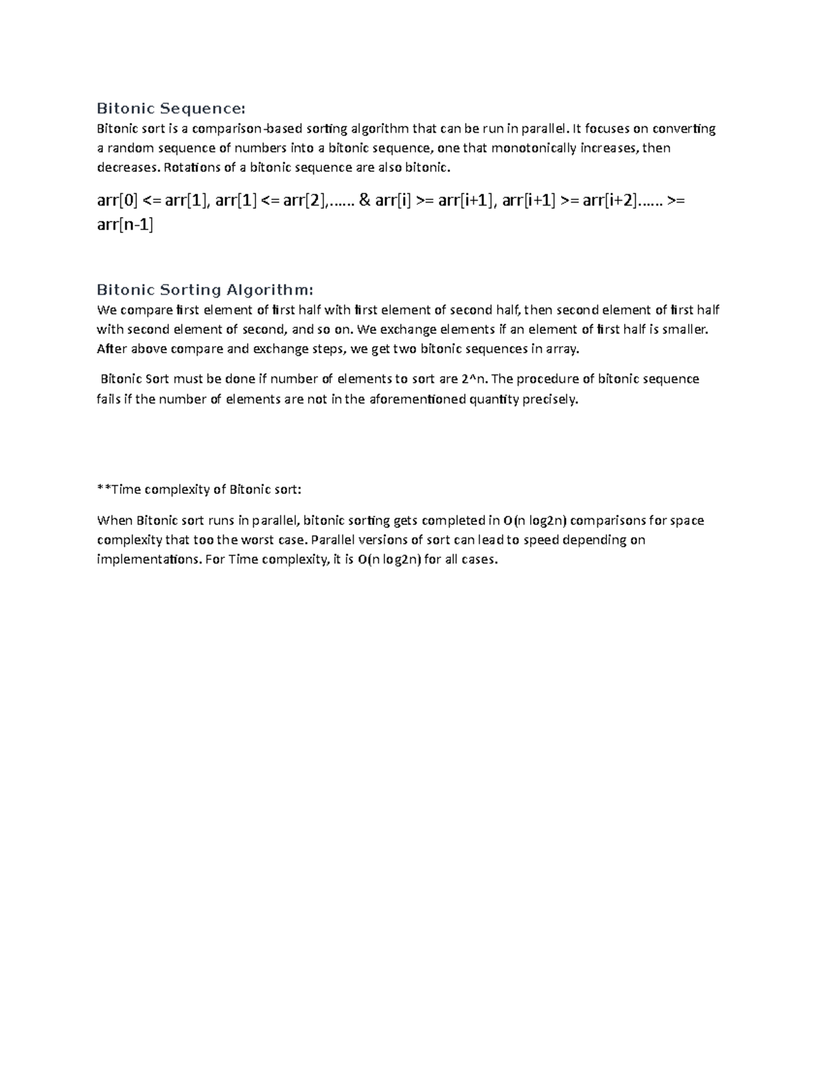 Document 1 - Bitonick sort - Bitonic Sequence: Bitonic sort is a ...