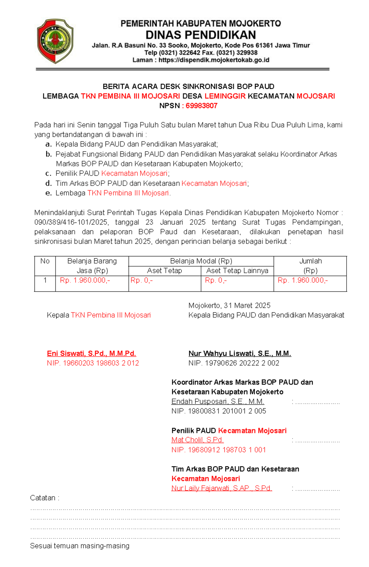 BAP Sinkronisasi BOP PAUD Maret 2025 - TKN Pembina Mojosari - Studocu