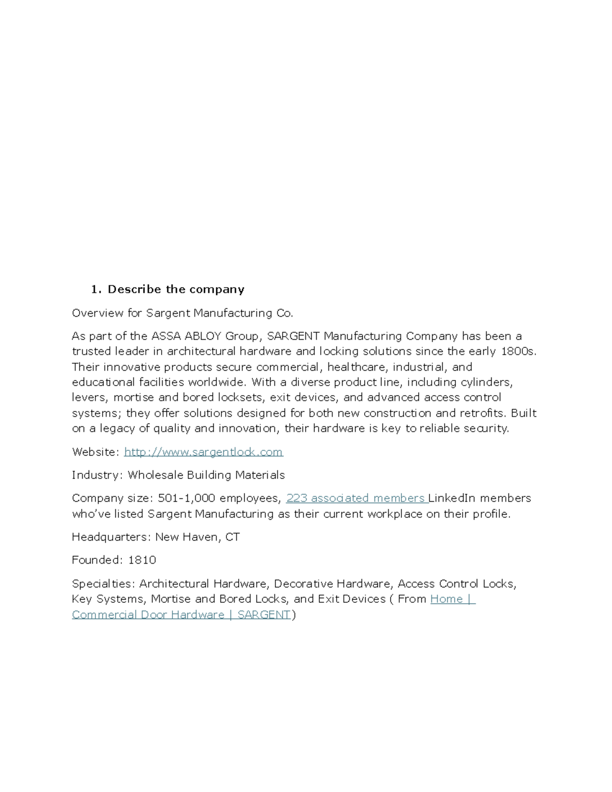 Org Structure Overview of Sargent Manufacturing Co. (ASSA ABLOY) - Studocu