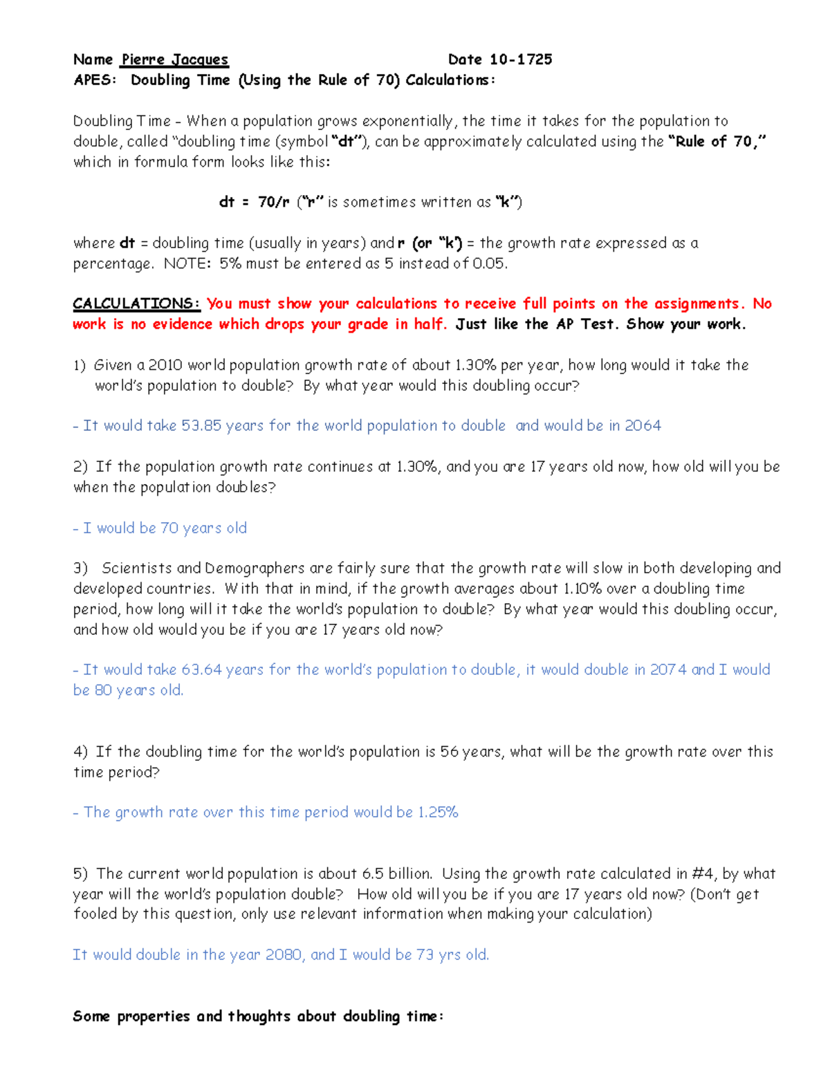 APES: Doubling Time Calculations Using the Rule of 70 - Studocu