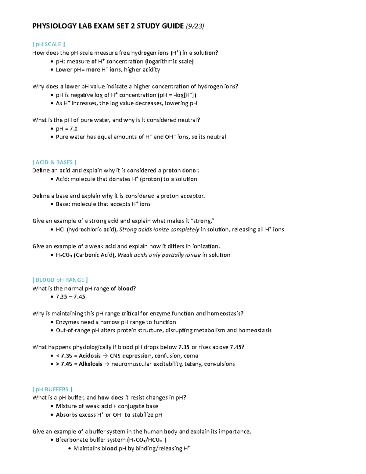 PHYS 101 Lab Exam Set 2 Study Guide: pH, Acidosis & Osmosis Concepts - Studocu