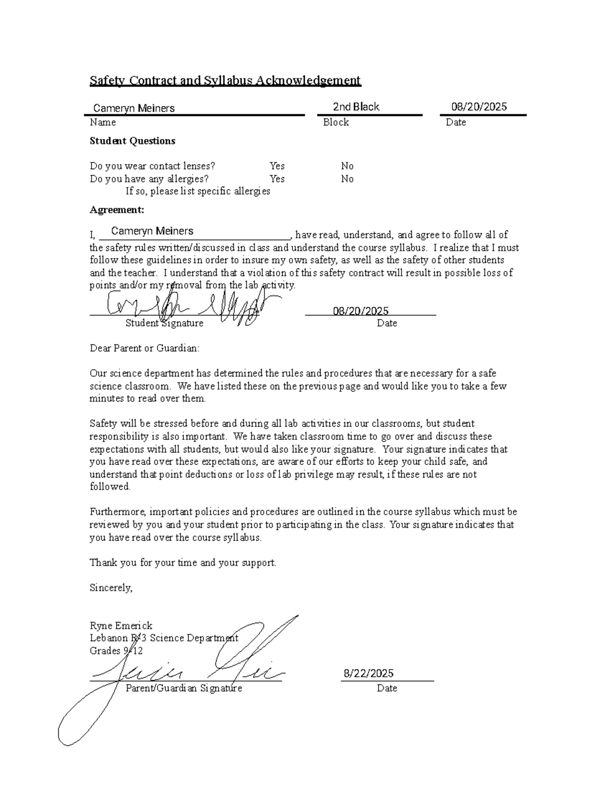 Lebanon R-3 Science Dept. Safety Contract & Syllabus Acknowledgment ...