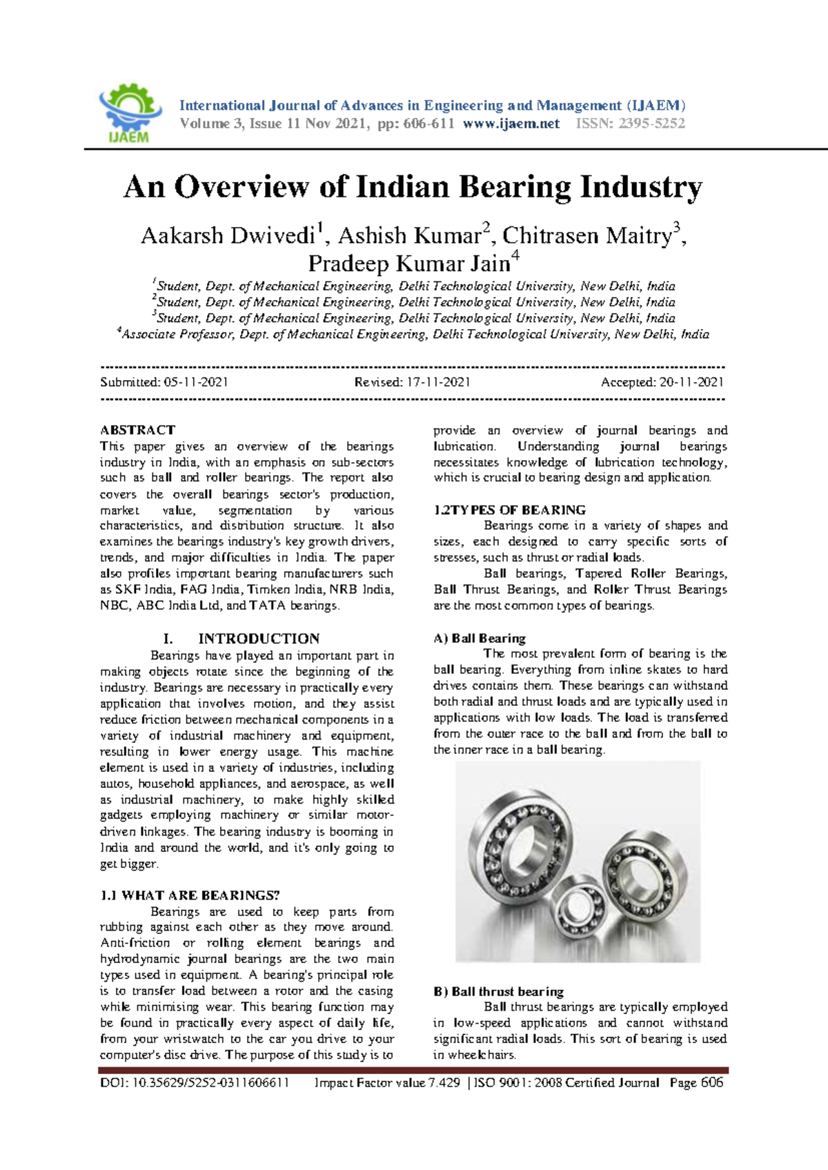 IJAEM Volume 3, Issue 11: Overview of Indian Bearing Industry - Studocu