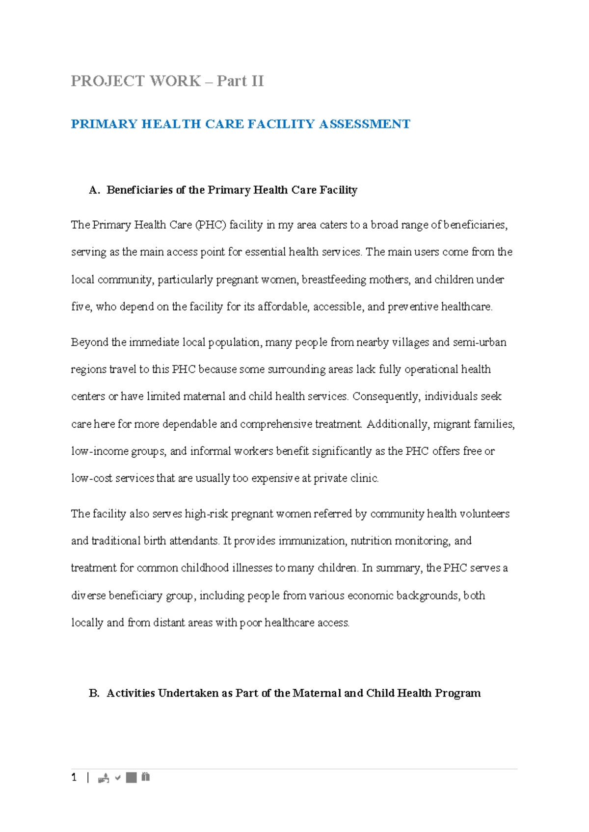 PROJECT WORK Part II: Assessment of Primary Health Care Facility - Studocu