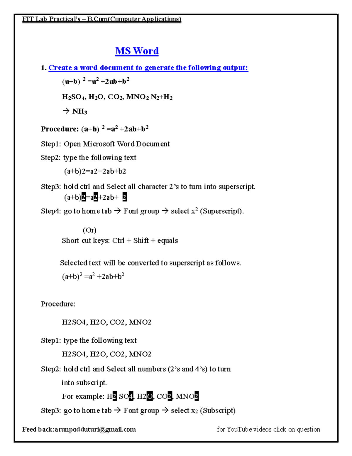 FIT Lab Practical Procedures for MS Word: Steps & Examples - Studocu
