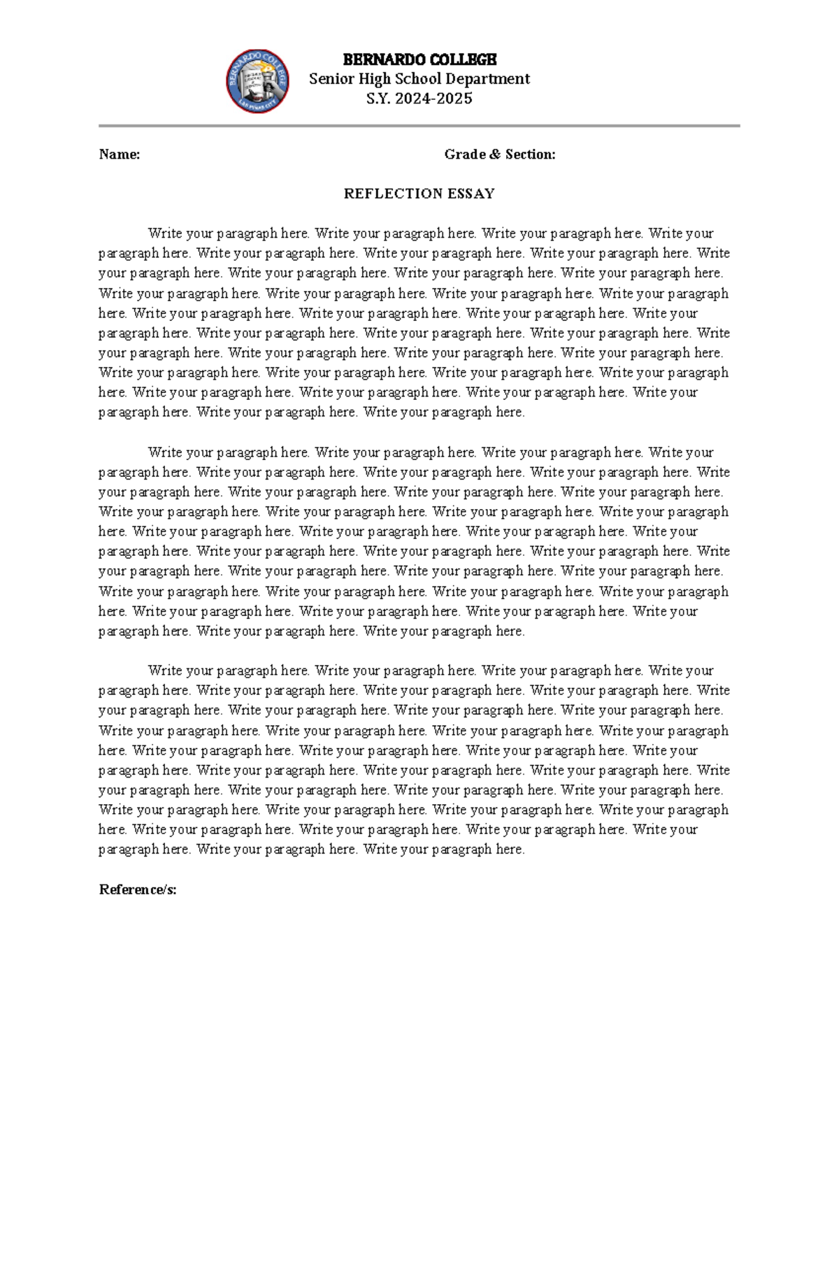 Reflection Essay Template - Senior High School S. 2024 - Studocu
