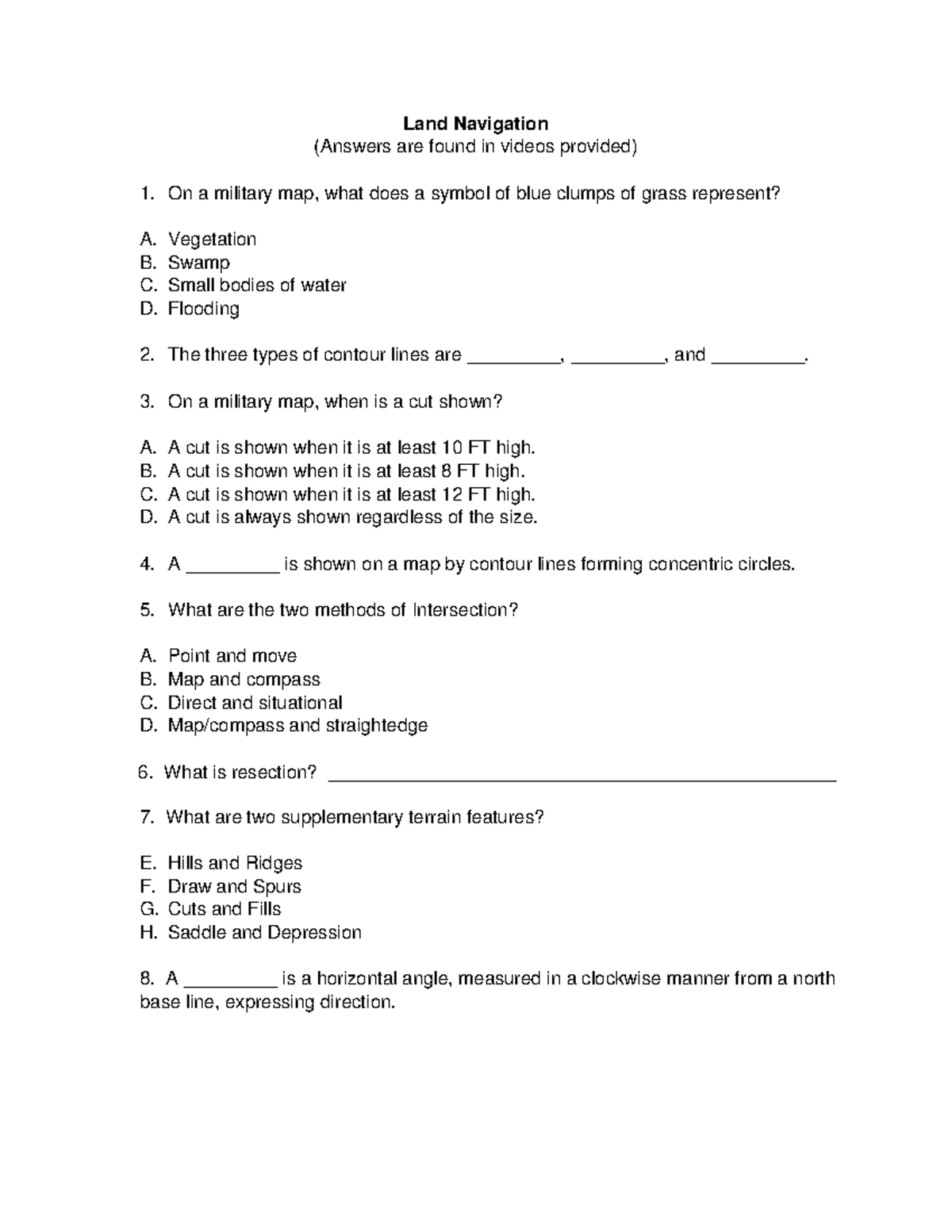 Day 1 Land Navigation Test V - Land Navigation (Answers are found in ...