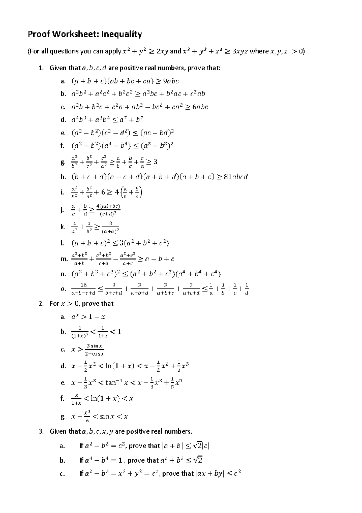 Year 12 4U Proof Worksheet: Inequalities and Real Numbers - Studocu