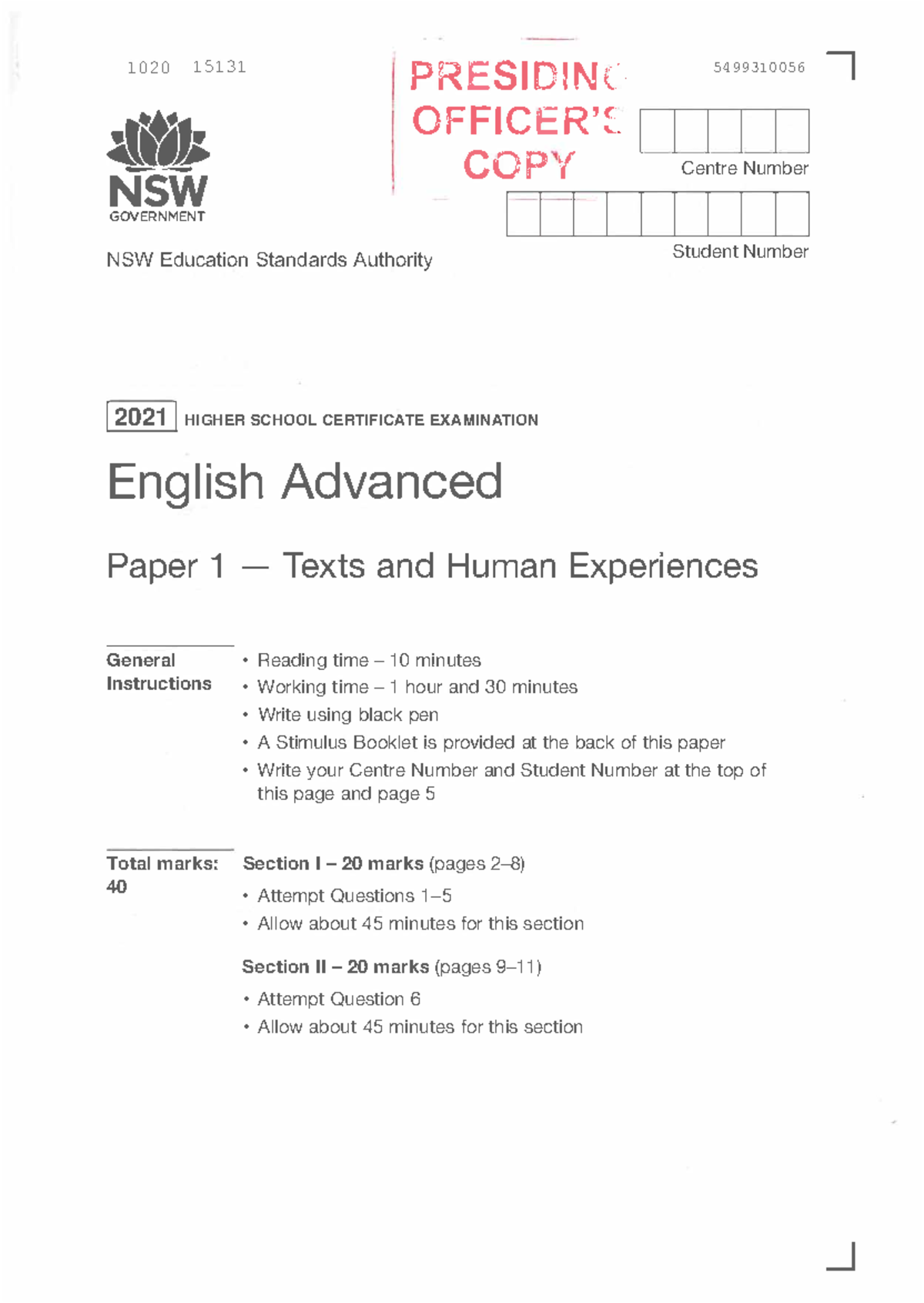 2021 HSC Advanced English Paper 1: Texts & Human Experiences - Studocu