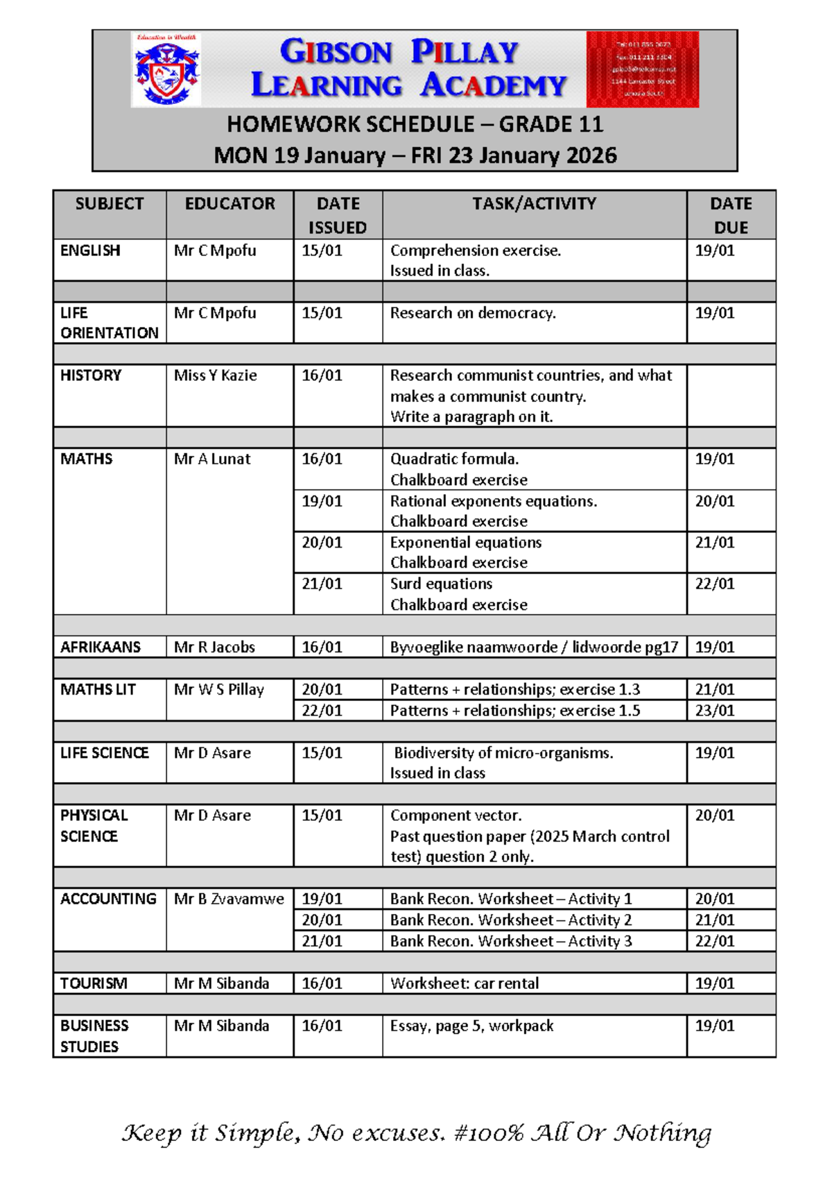 Grade 11 Homework Schedule: Week of Jan 19-23, 2026 - Studocu