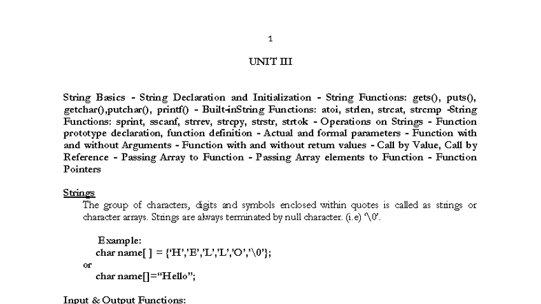 PPS UNIT III - String Basics and Function Operations in C - Studocu