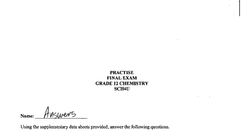 Practice Final Exam Answers for Grade 12 Chemistry SCH4U - Studocu