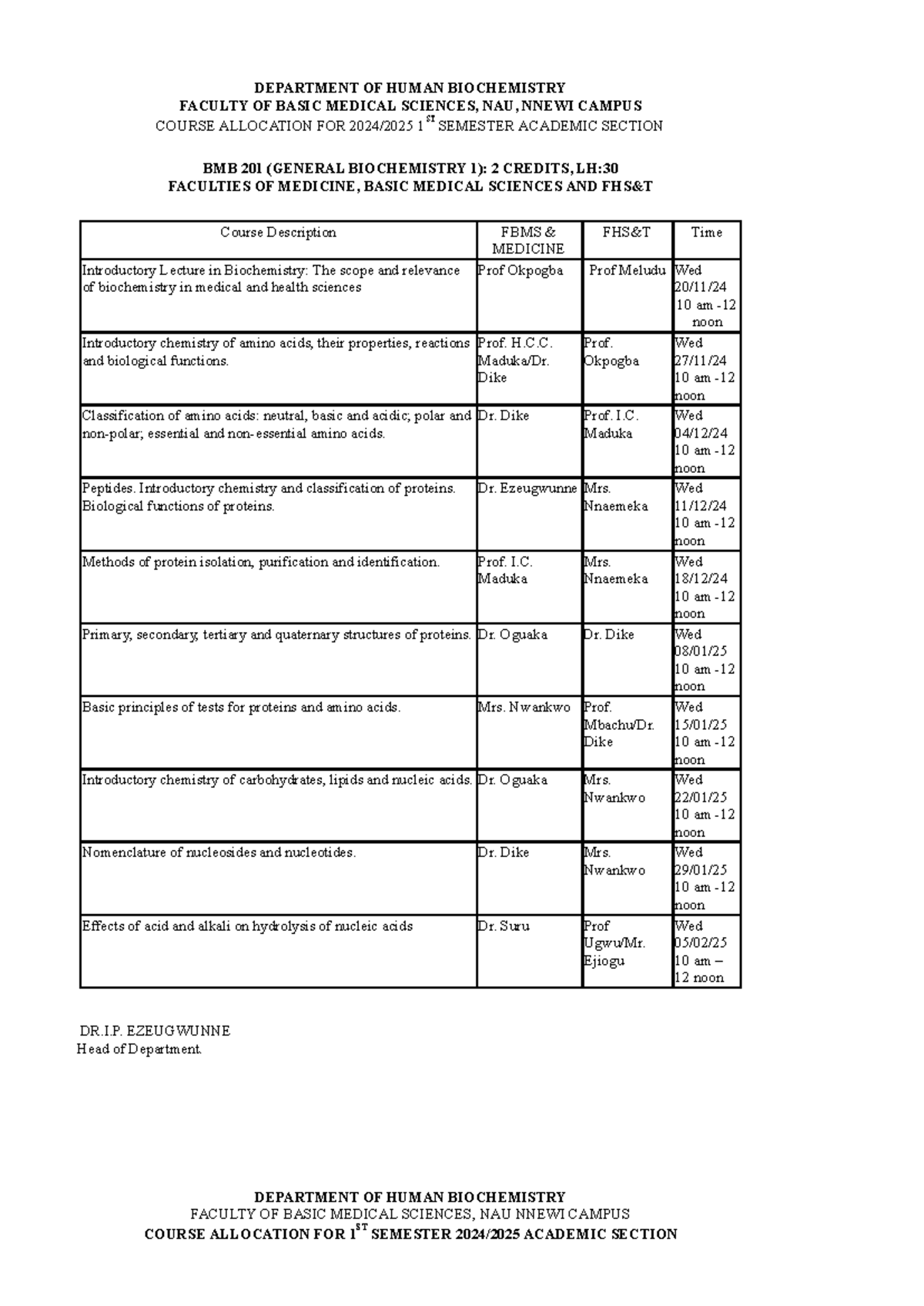 BMB 201 & BMB 202: 1st Semester Lecture Schedule for Biochemistry - Studocu