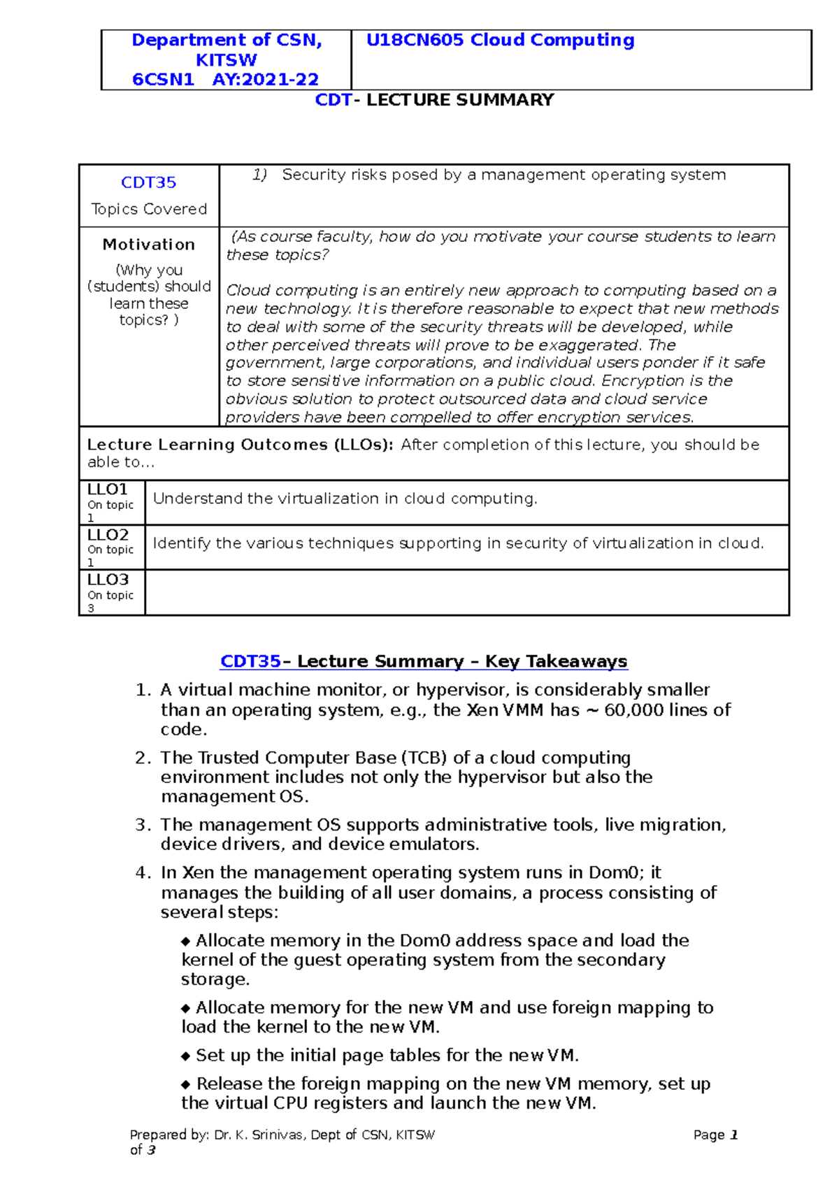 U18CN605 Cloud Computing - Security Risks in Management OS Lecture - Studocu